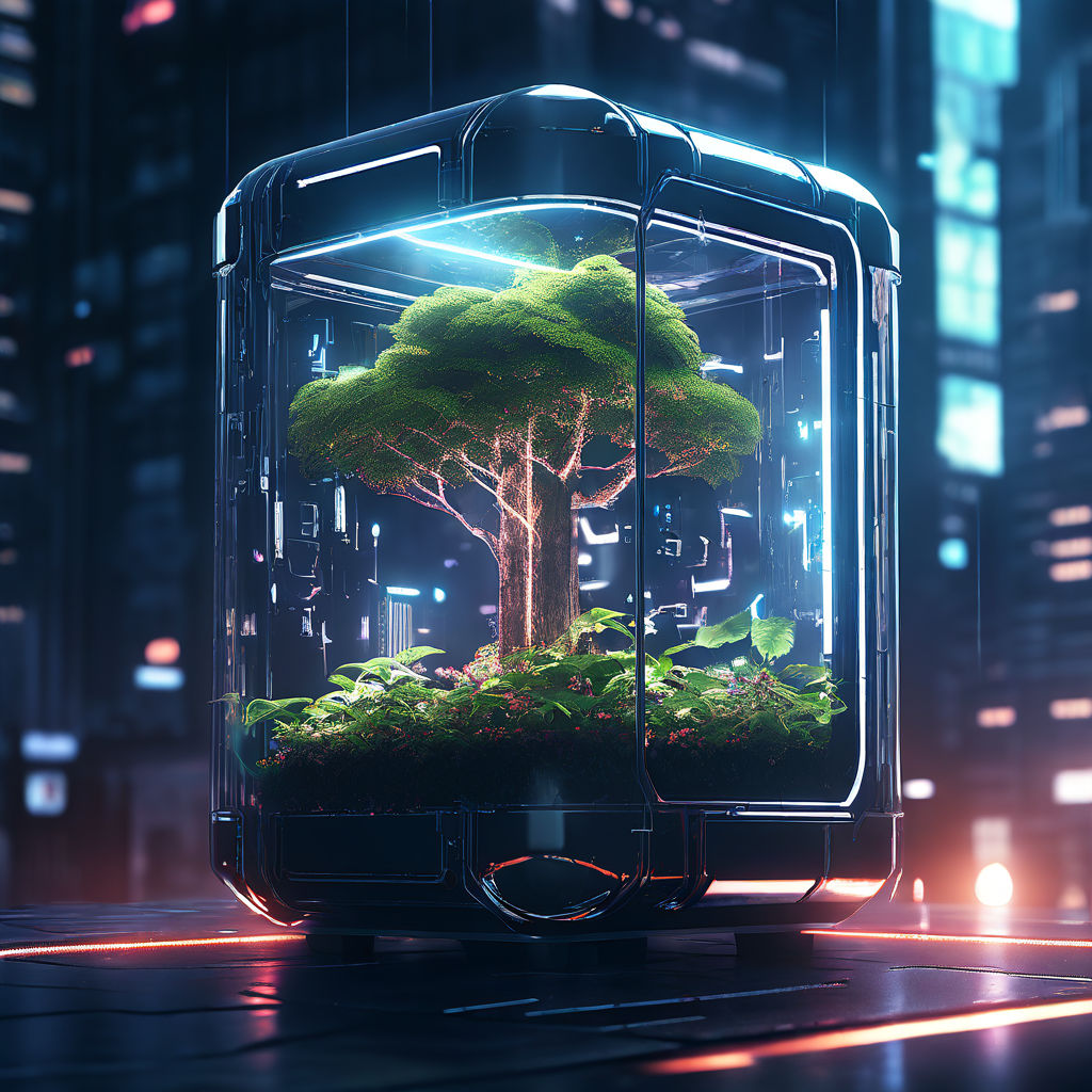 Futuristic container contains plant from earth on a city lik... by ...