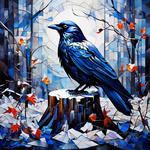 Crow sitting on a stump in a small thicket of snow-covered t... by ...