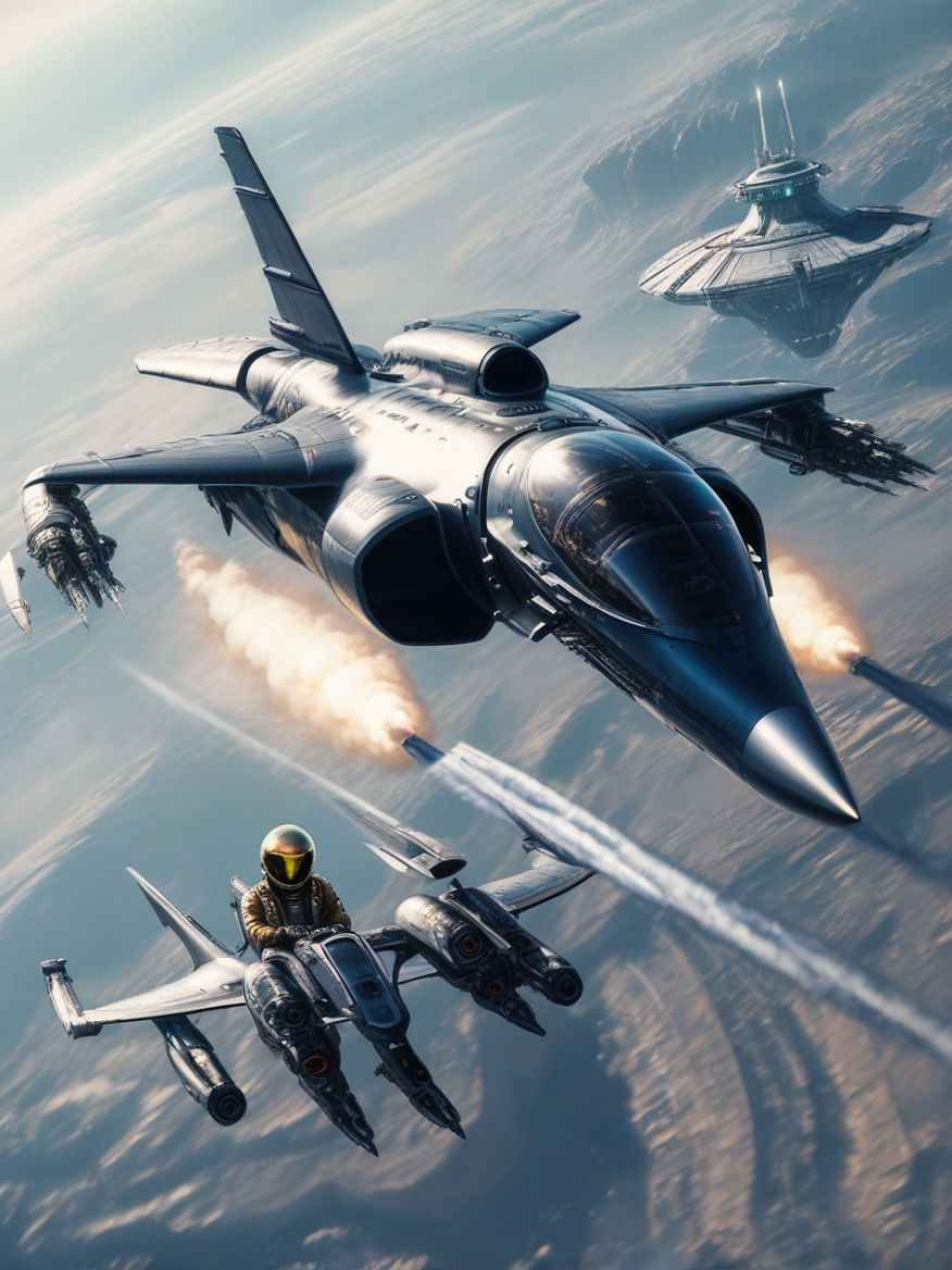 A pilot in a jet flying next to an advanced alien spaceship ... by Max ...