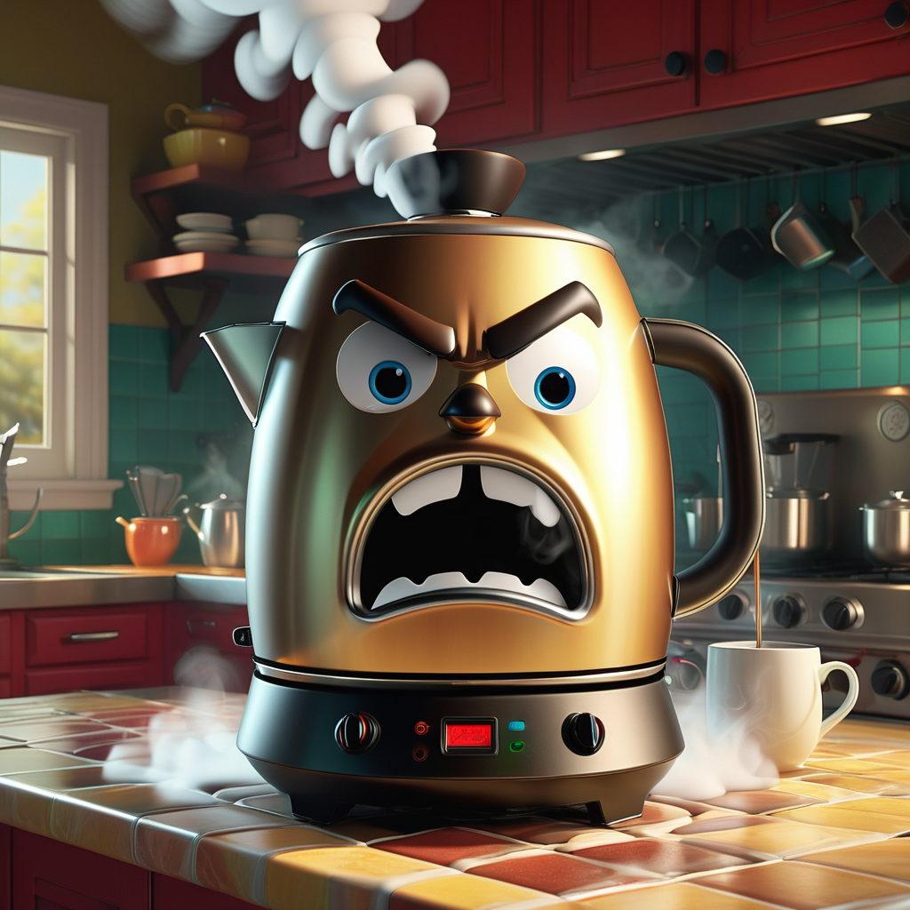 Angry coffee maker with exaggerated facial expression by Renata Kmecová ...