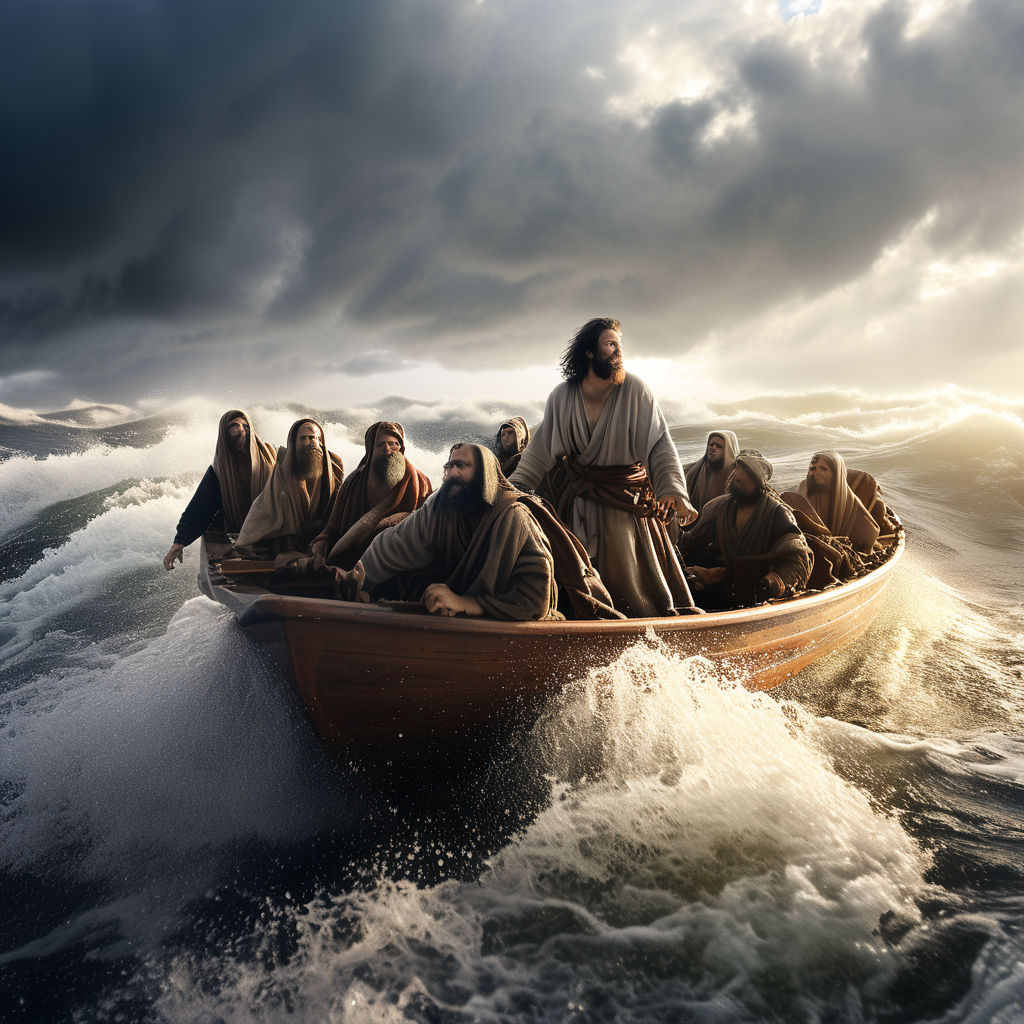 Photorealism of Jesus and his disciples in a boat on the hig... by ...