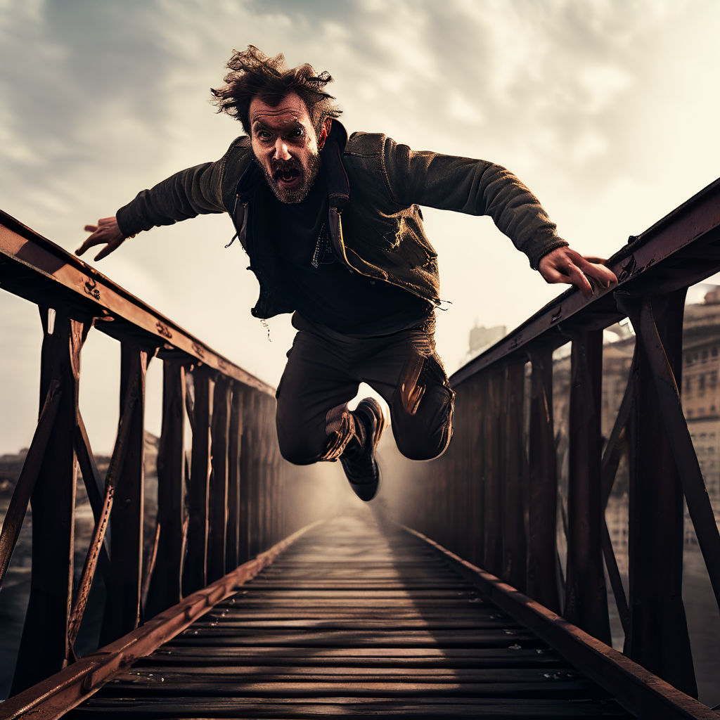 A man almost falling down from the bridge by Maciej Grochalski - Playground