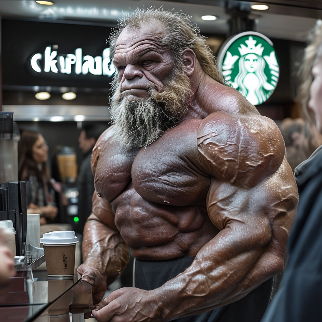 A giant scruffy older bodybuilder waiting in line at Starbuc... by ...