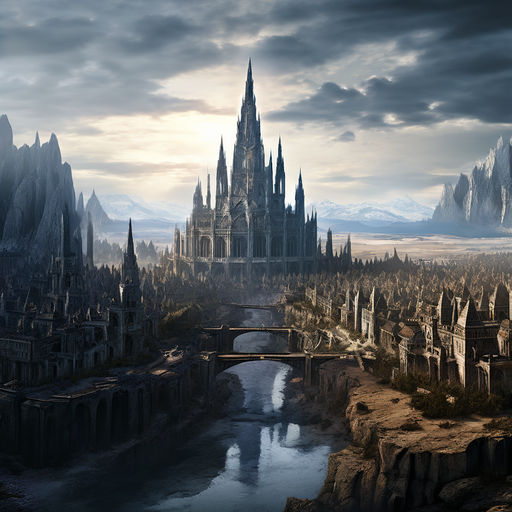 A very large sprawling medieval fantasy city with tall narro... by ...