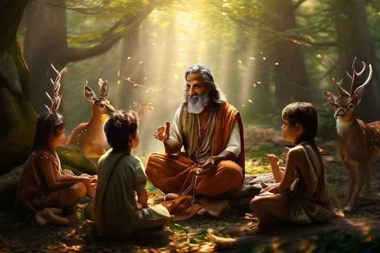 Ancient Hindu sage teaching his disciple kids in a forest by prash p ...