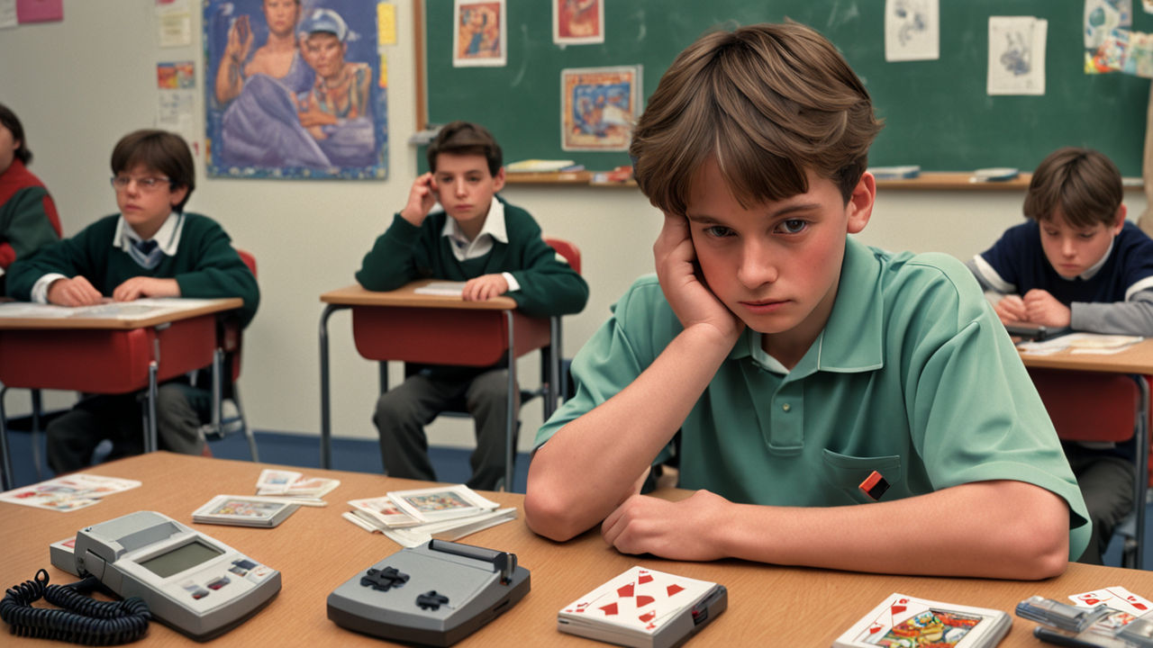 A boy is sitting in a school classroom in 1995. On his large... by Niko ...