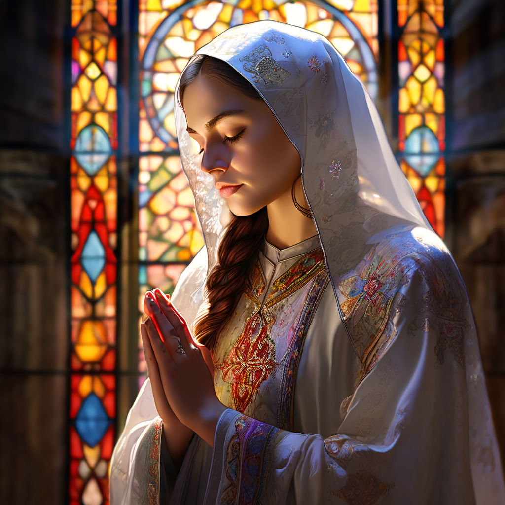 Religious lady in traditional attire enveloped in prayer by Jorge ...
