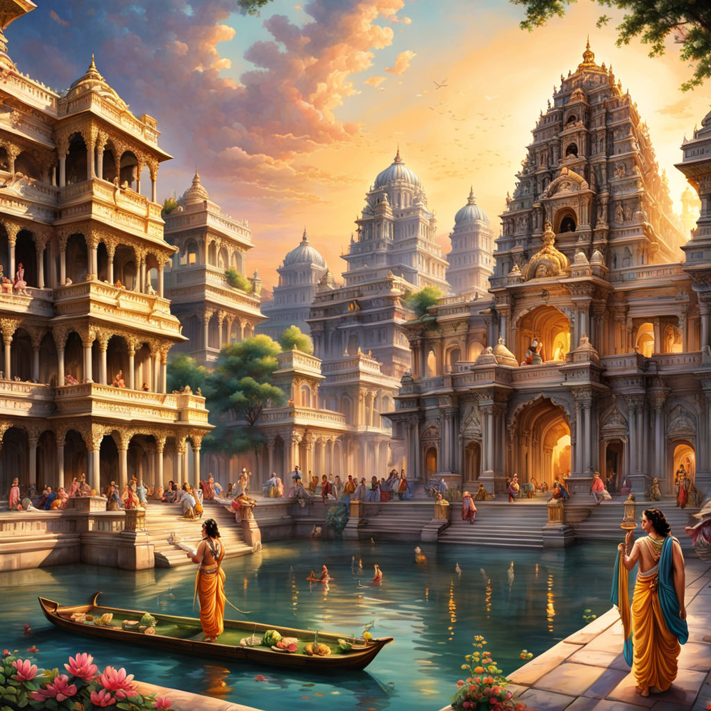 Depict the ancient city of Krishna Dwaraka as a grand by surajit maity - Playground