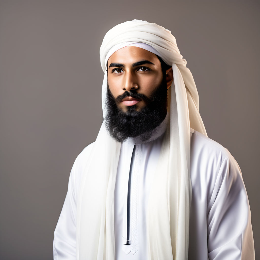 A young Arab Muslim imam wearing a white dress with a turban... by AIM ...