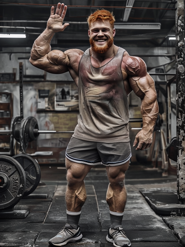 A hyper-muscular 24-year-old ginger bodybuilder raising his ... by ...