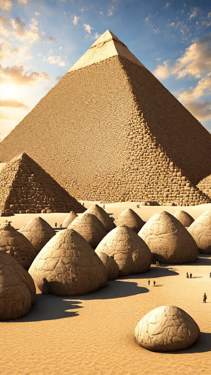 Create an image of the Egyptian pyramids being built by gian... by ...