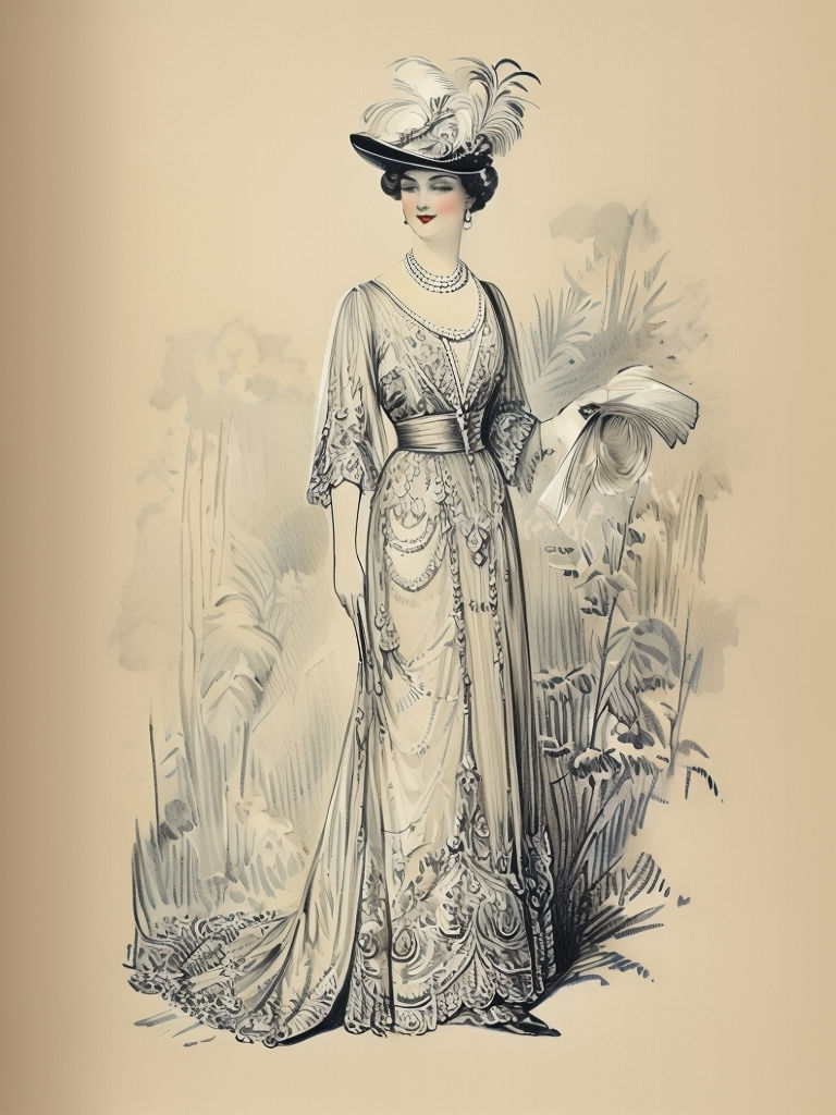 The image is a fashion illustration from the early 1900s. It... by ...