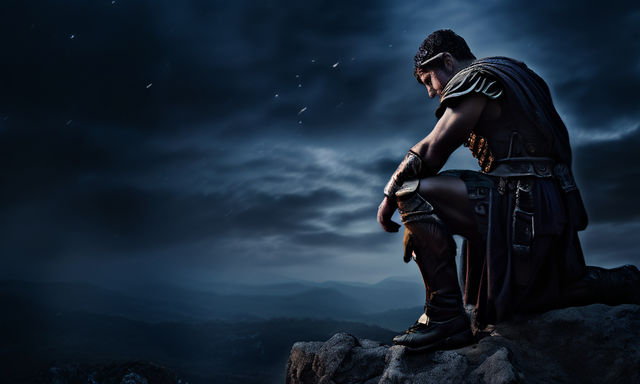 A Roman soldier is seen looking with a scared and crying fac... by ...