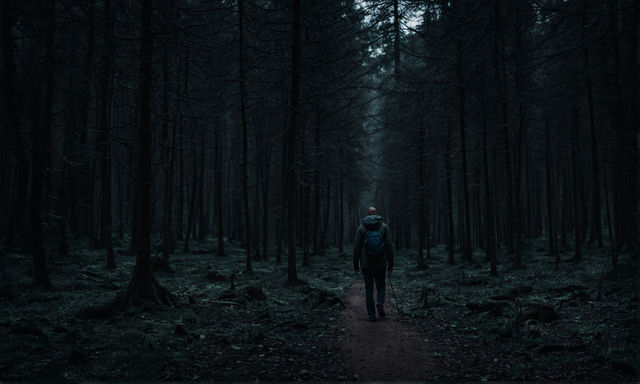 A man walking in the forest alone in the night front view by Amisha ...
