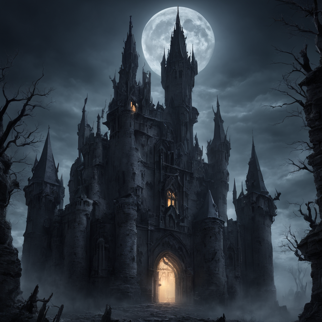 Gothic castle bathed in the eerie glow of a full moon by Michael ...