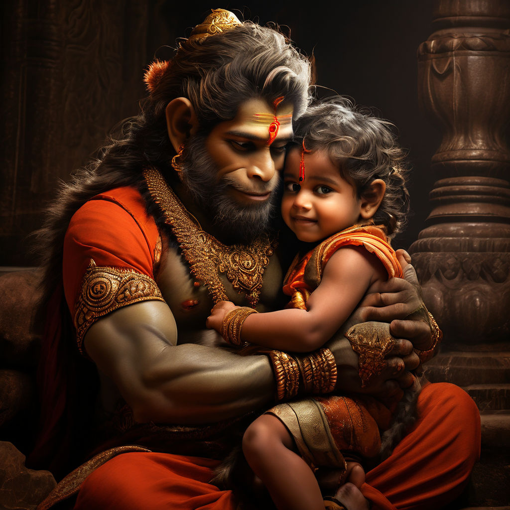 Lord hanuman hugging a child by Shambhavi Sisodia - Playground