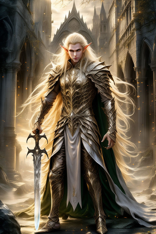 Full body photograph of a mighty fantasy Great High elf prin... by ...
