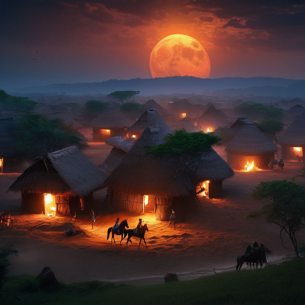 Moonlit African village with thatched roof mud houses ablaze by eunice ...