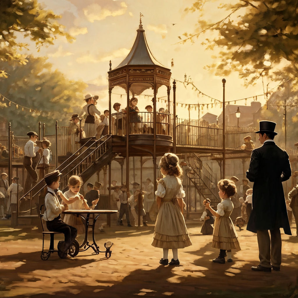 Victorian-era playground bustling with children engaged in g... by ...
