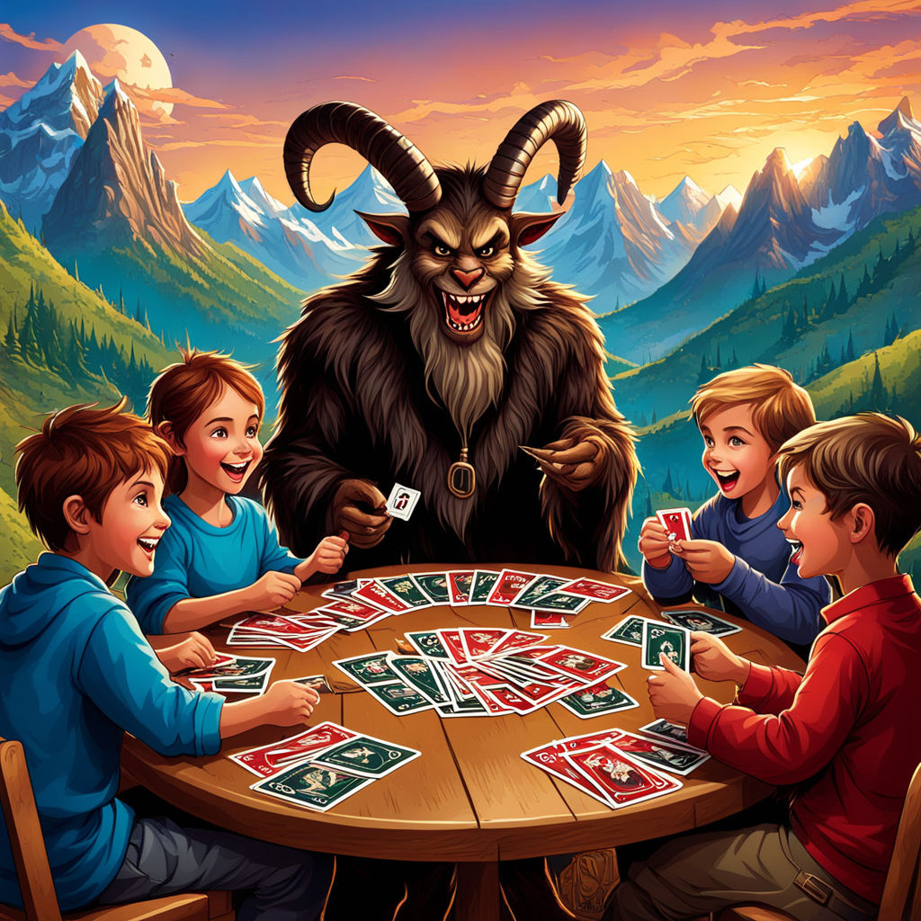 A group of Kids Play Uno cards with some krampus in Front of... by Paul ...