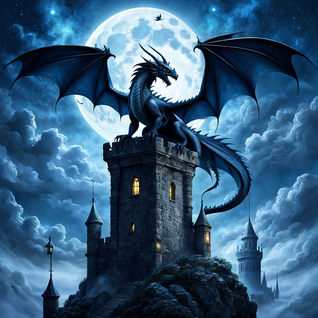 Dragon perched atop an ancient castle spire by Kekey - Playground
