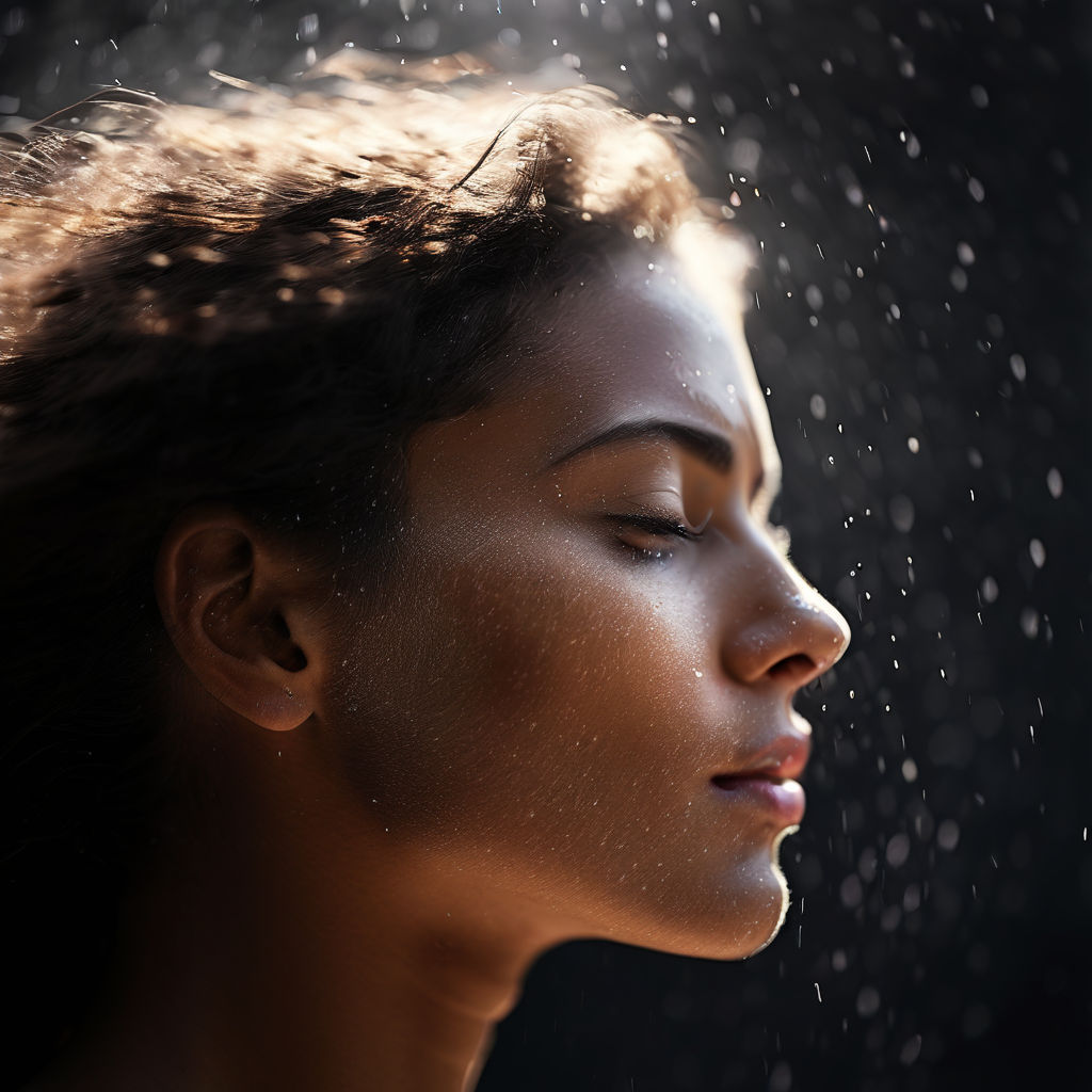 A close-up from the side of an upper body dissolving in part... by ...