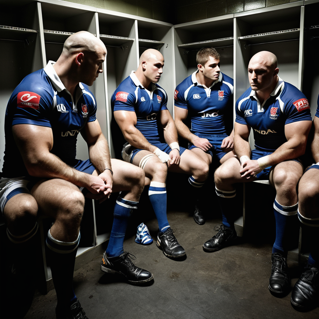 Muscular skinhead rugby players clad in disheveled uniforms by Carl ...