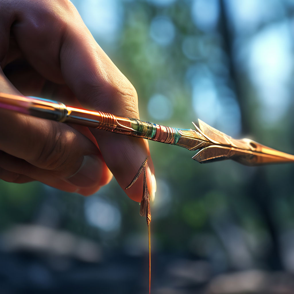 A close-up of a single arrow being drawn back on a taut bows... by ...