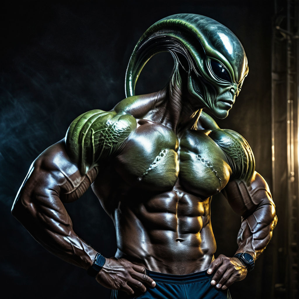 Alien with a bodybuilder physique posing as a model by FootBik - Playground
