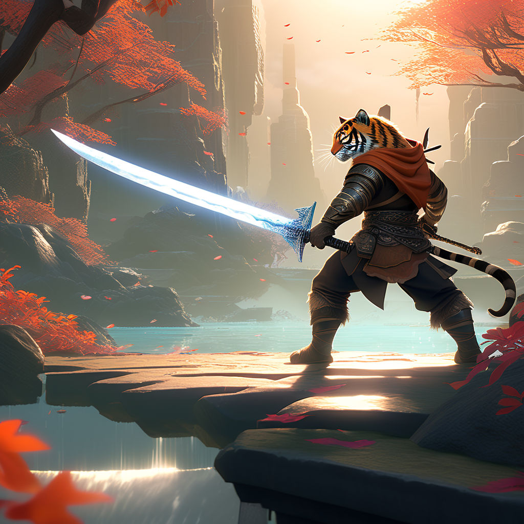 Tiger catfolk ranger wielding a curved dagger emerges from a... by Luke ...