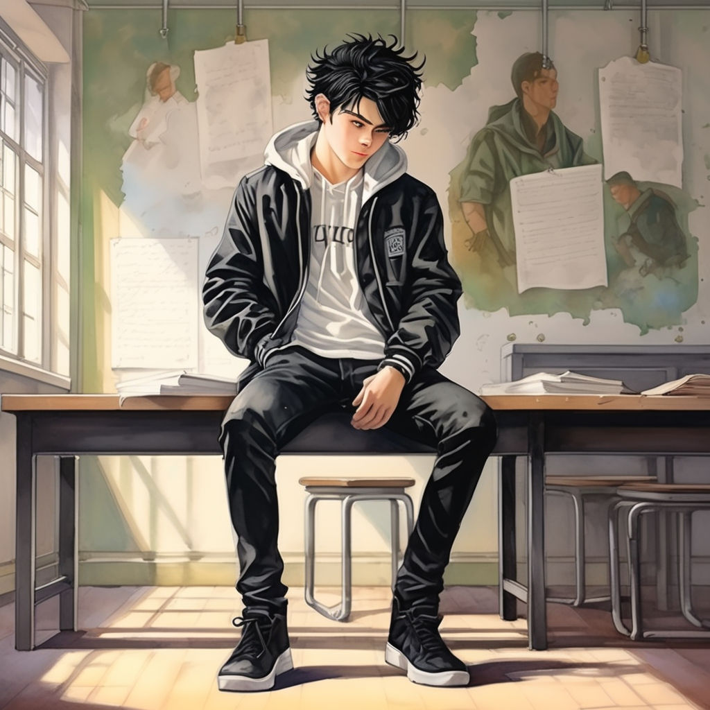 A teenage college boy sitting on classroom wearing jacket fu... by Ruby ...