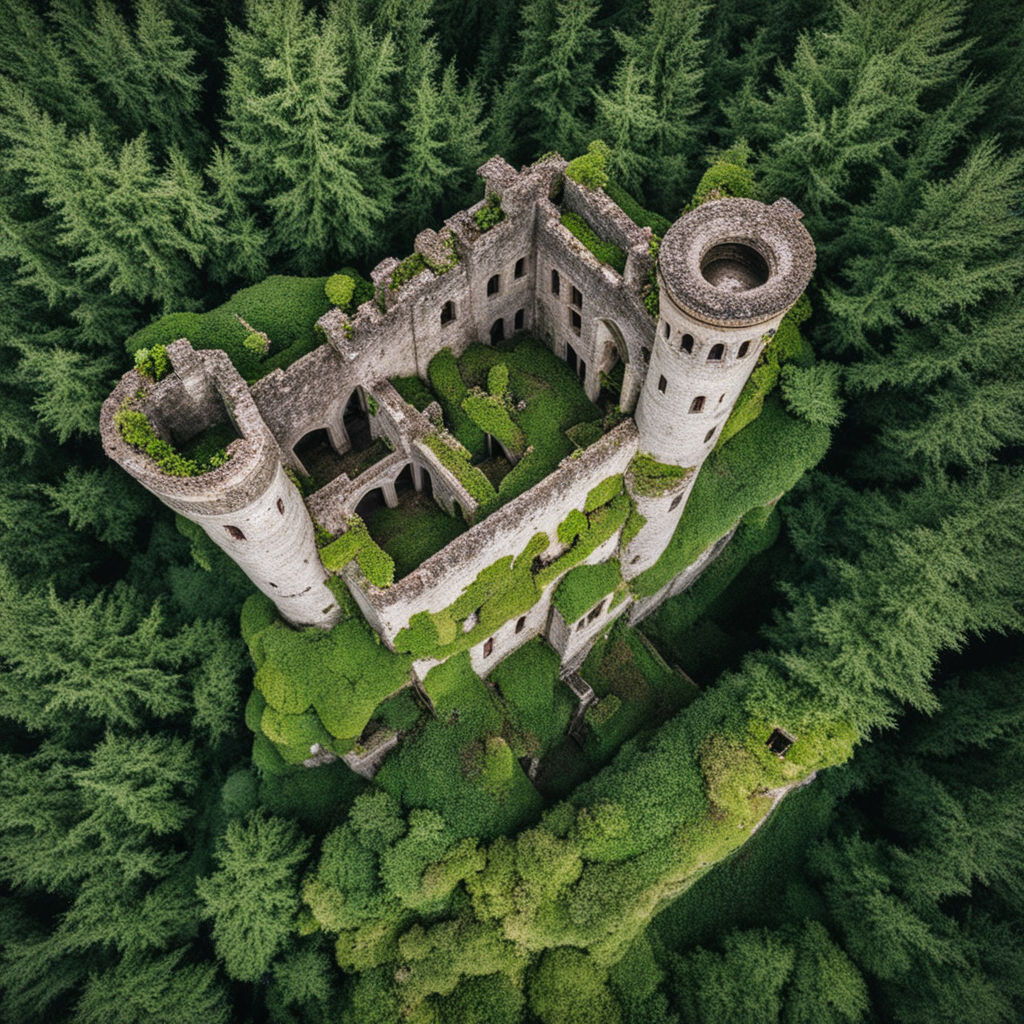 Top down view with an abandoned castle with ivy and moss and... by M M ...