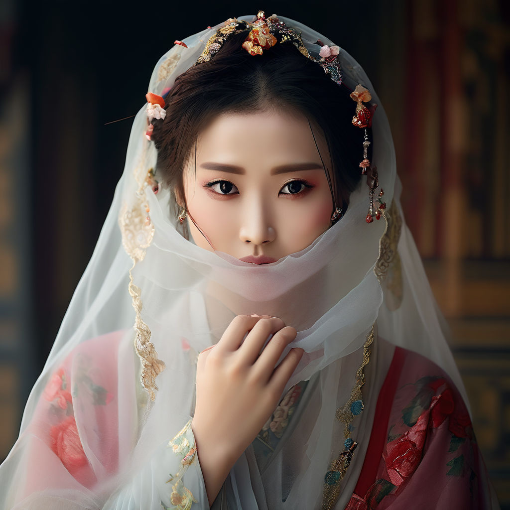 Beautiful chinese woman wearing traditional veil covering he... by ...