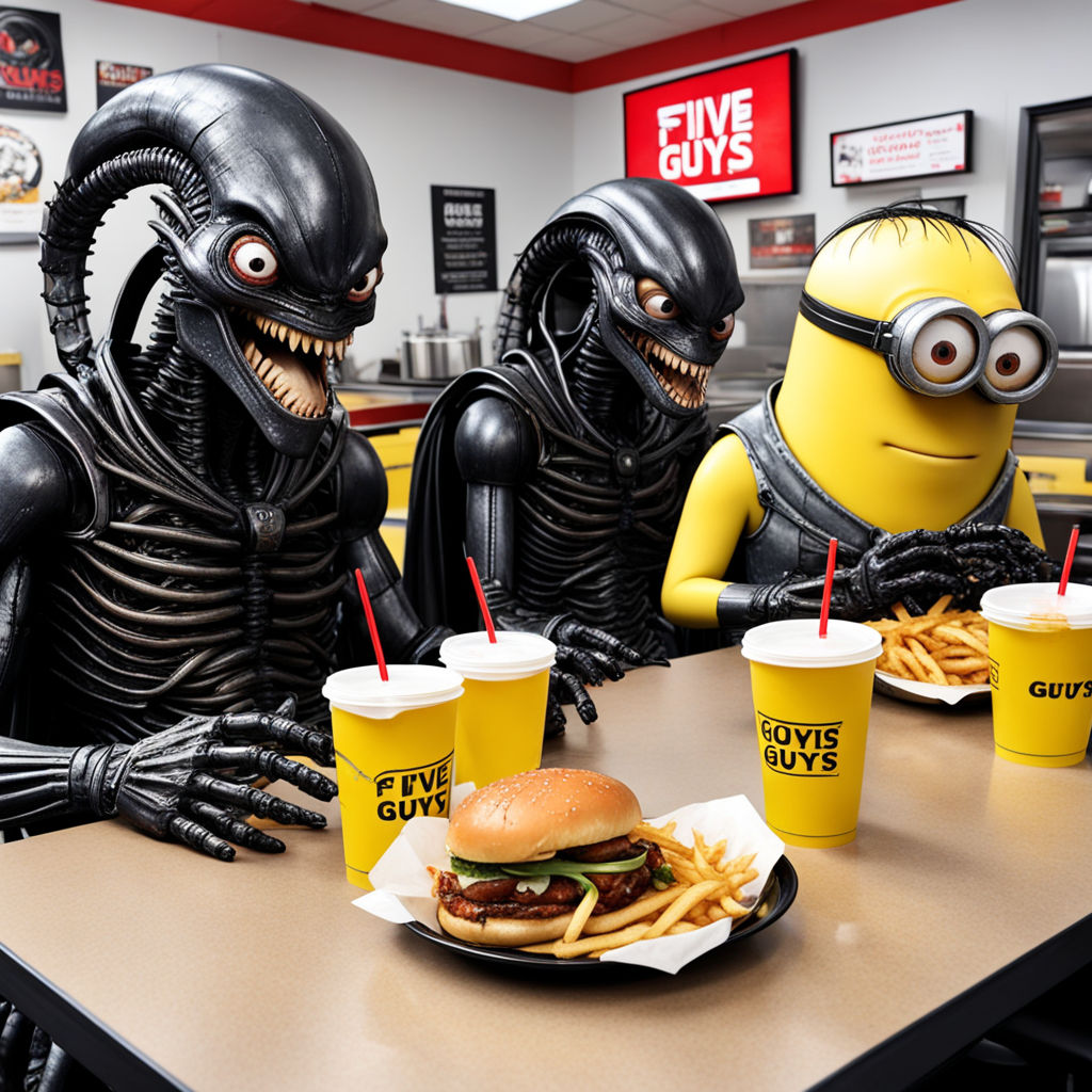 Minions and xenomorph eating at Five Guys by Glen Runciter - Playground
