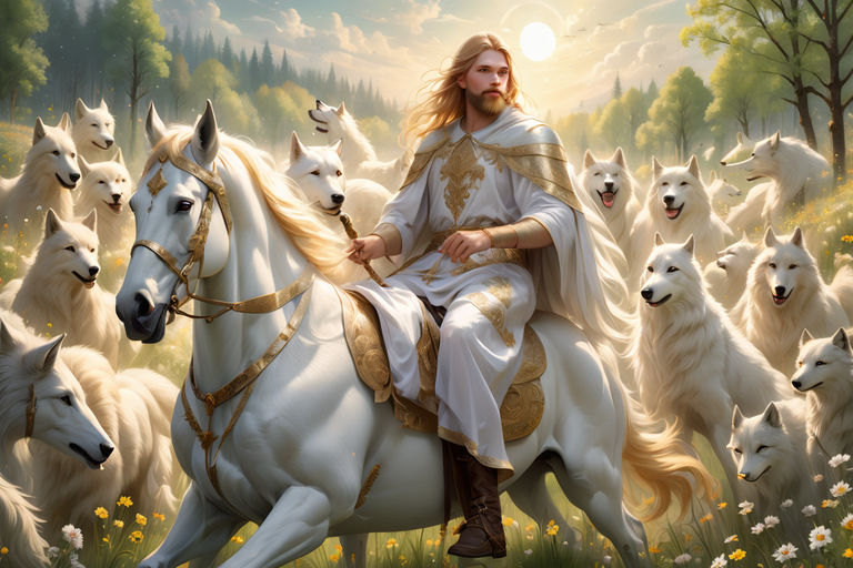 A young Slavic god with golden hair and a golden beard on a ... by ...