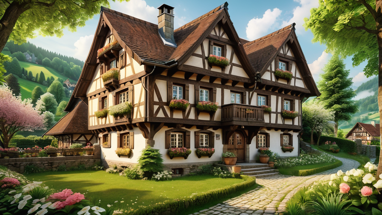A traditional German half-timbered house with a steeply pitc... by ...