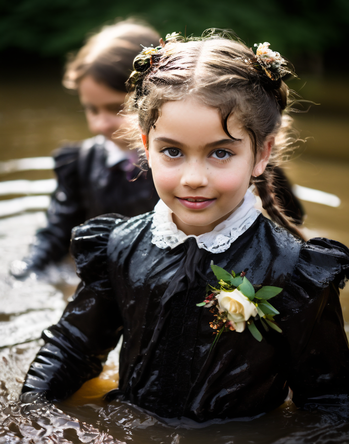 2 12 year old girls in soaked and mud covered fancy frilly b... by ...