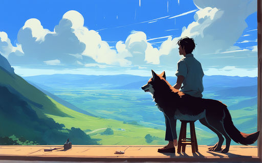 A man sitting on a floor with a wolf laying next to him look... by AFK ...