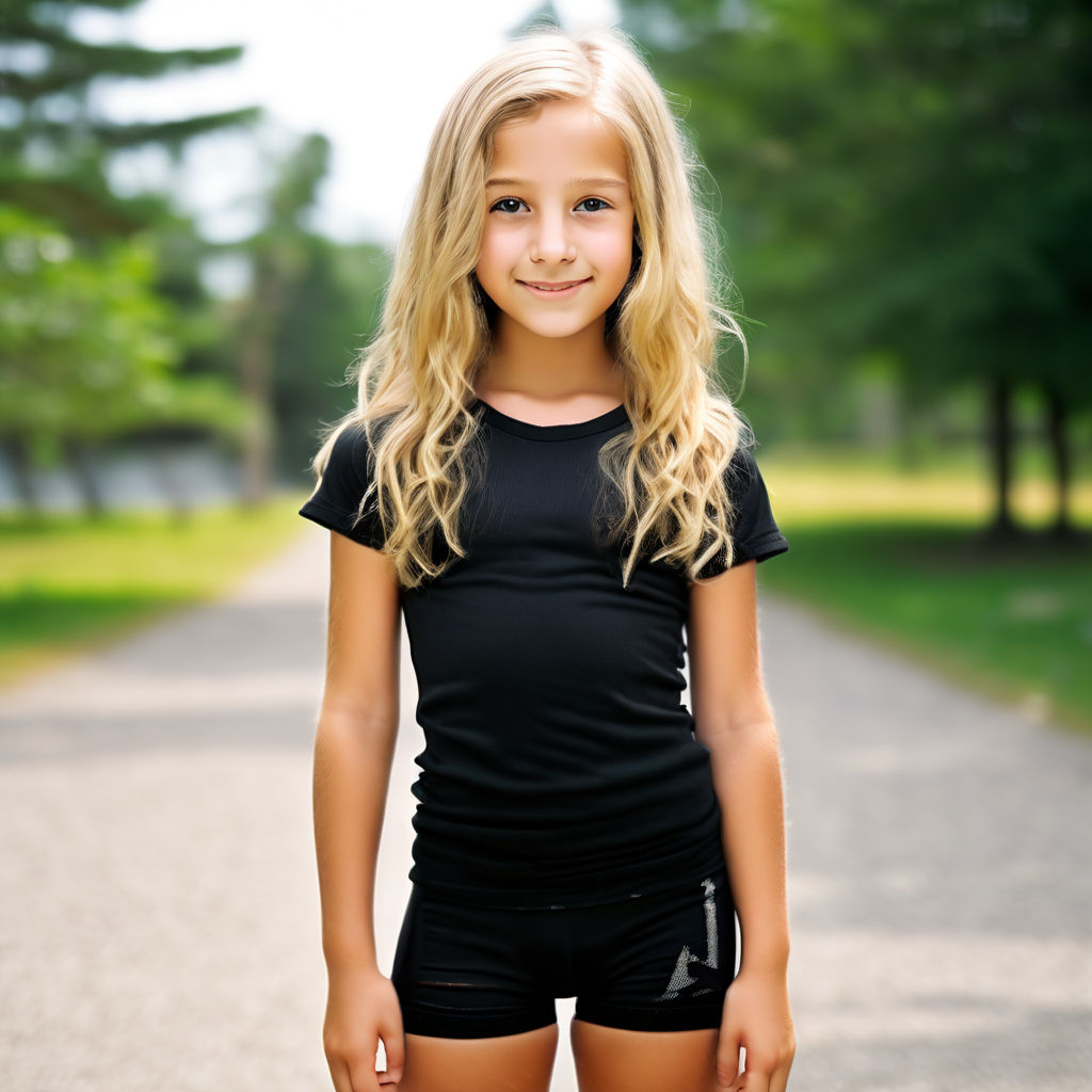 Cute Young blonde middle school girl with black short leggin... by D ...