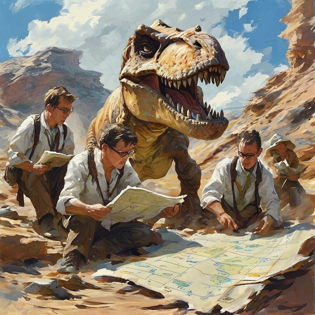 A group of nerdy scientists tripping over a pile of dusty di... by ...