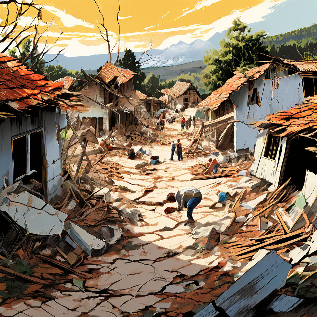 An artistic depiction of an earthquake's impact on a rural v... by 메디숲 ...