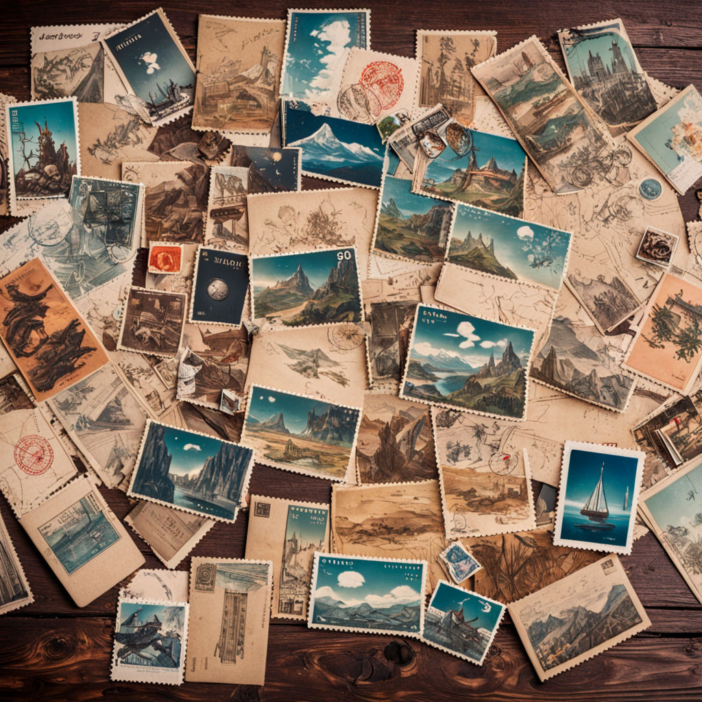 A collection of vintage postcards and stamps spread out on a... by RM ...
