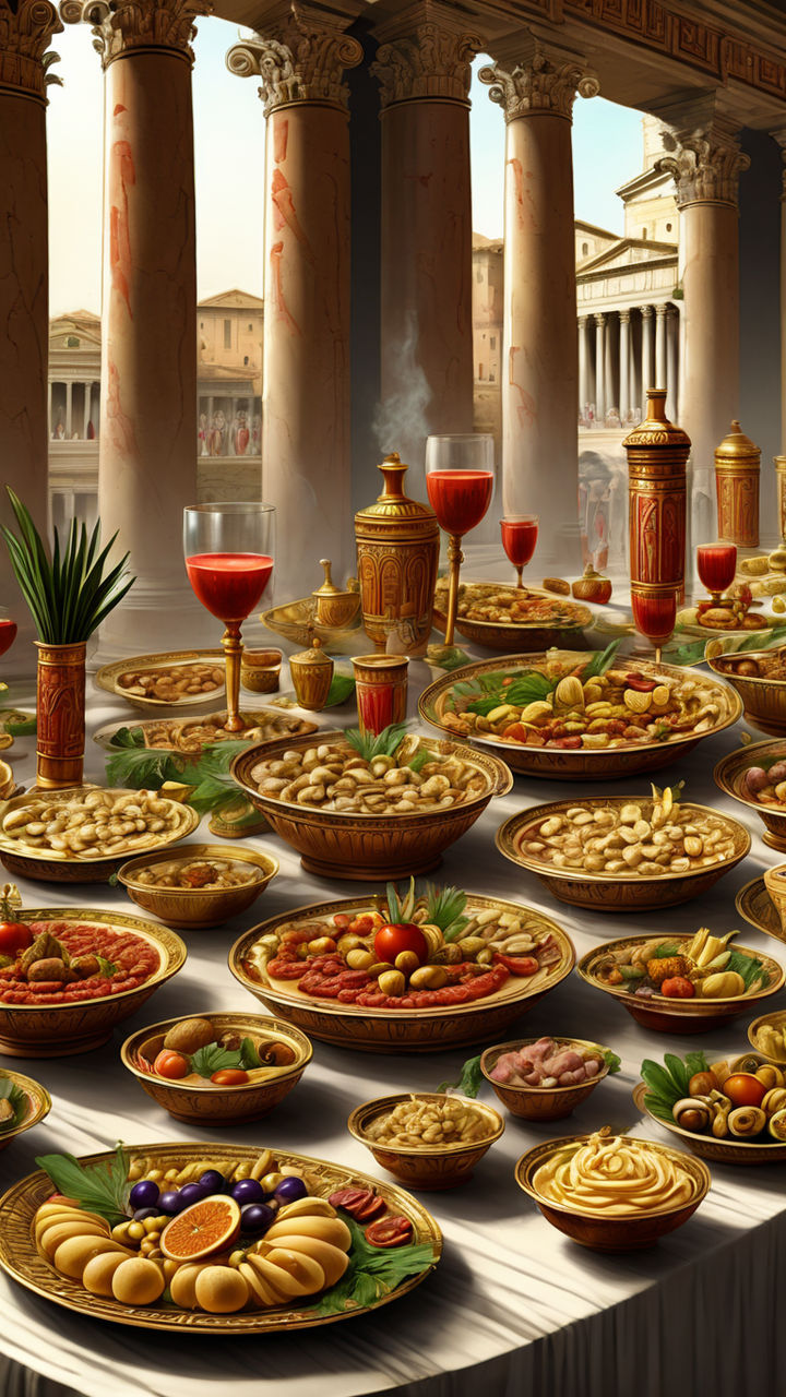 An illustration or animation of ancient Roman banquet with v... by ...