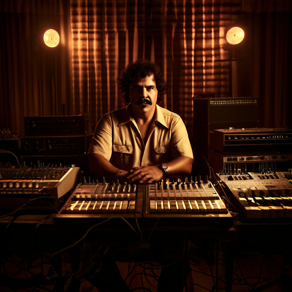 Pablo Escobar seated behind vintage audio mixers in a dimly ... by ...