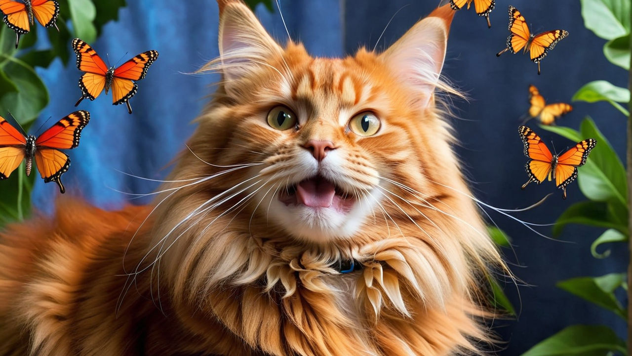 Fluffy red Maine Coon cat has magical butterflies flying abo... by ...