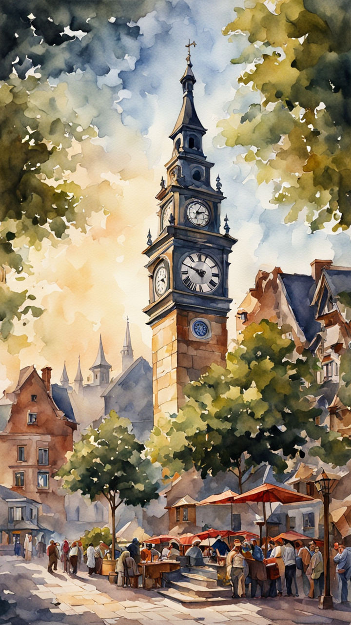 Town hall clock tower in the village market square by Kayel - Playground