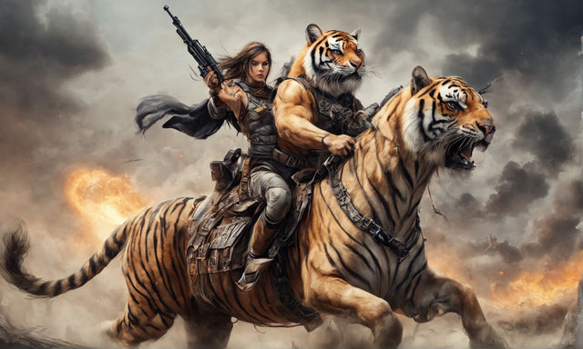 Beautiful warrior tiger with a machine gun riding on horse by johnson ...