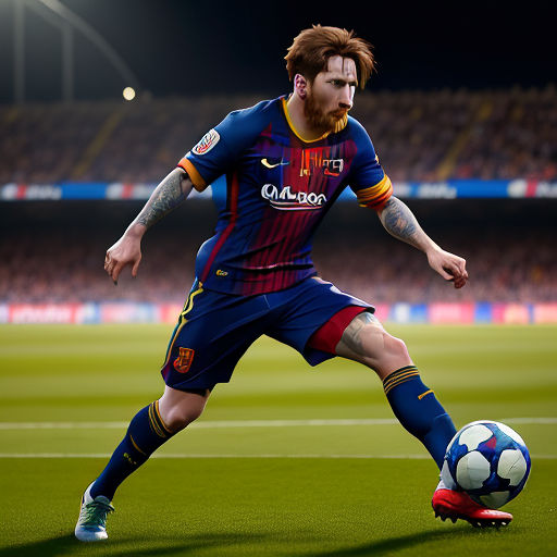 Lionel Messi in mid-dribble wearing the iconic FC Barcelona ... by ...