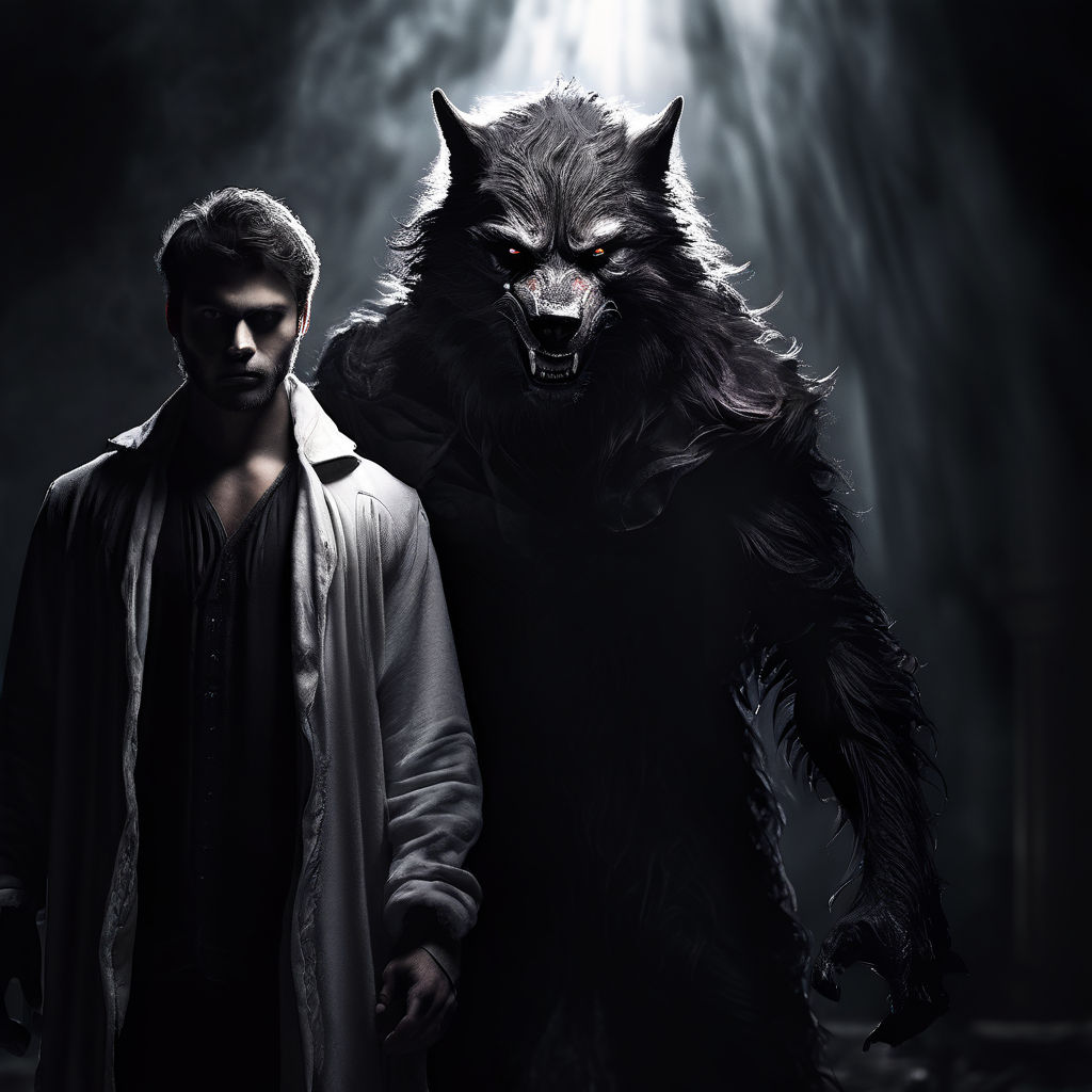A werewolf standing agains a young man wearing a white cloak by Jairo ...
