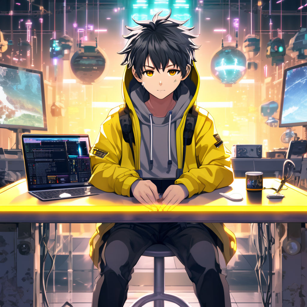 Anime boy character sitting on a chair behind a table in stu... by Free ...
